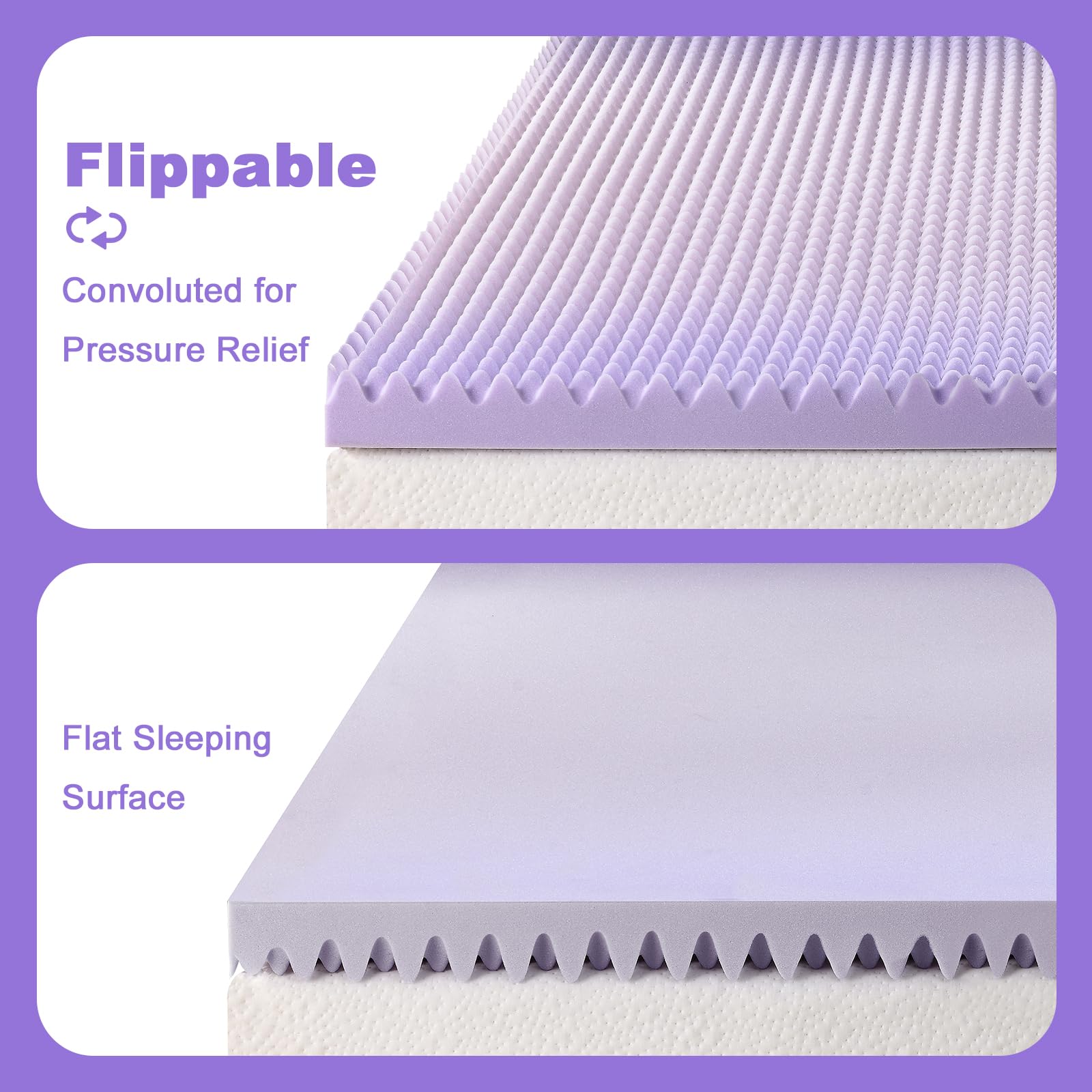 NAP&SLEEP Lavender Infused Dual-Sided Mattress Topper - Available in Twin, Full, Queen, King Sizes, 2" or 3" Thickness, Made in USA, Convoluted & Flat Foam, Compressed & Roll Packed (King, 3" Inch)