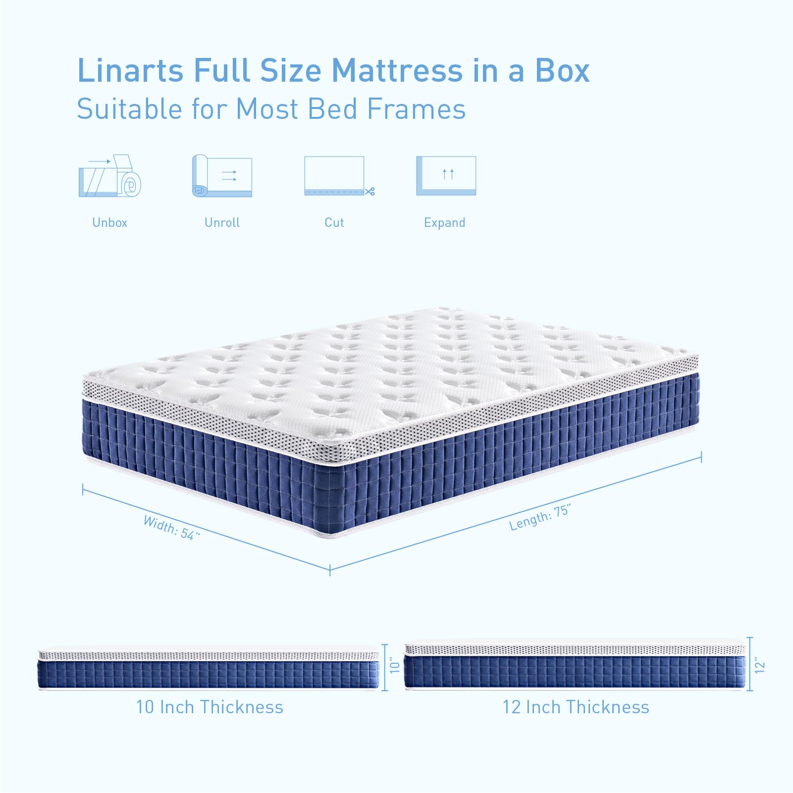 LINARTS Full Mattress, 12 Inch Full Size Hybrid Mattress in a Box with Pocket Spring & Soft Knitted Fabric for Comfort, Motion Isolation, Pressure Relief, Edge Support, Improve Sleep, Medium Firm