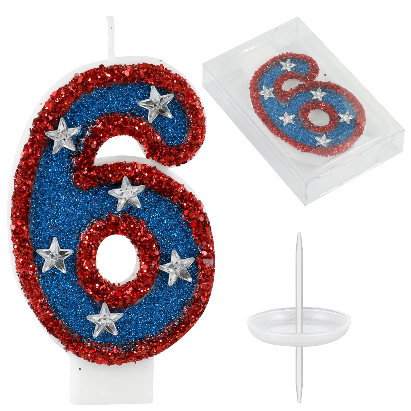 American Flag Birthday Candle Red Blue Sequin Number 6 Candle Perfect for Independence Day and Captain America Birthday Party Decorations Favors