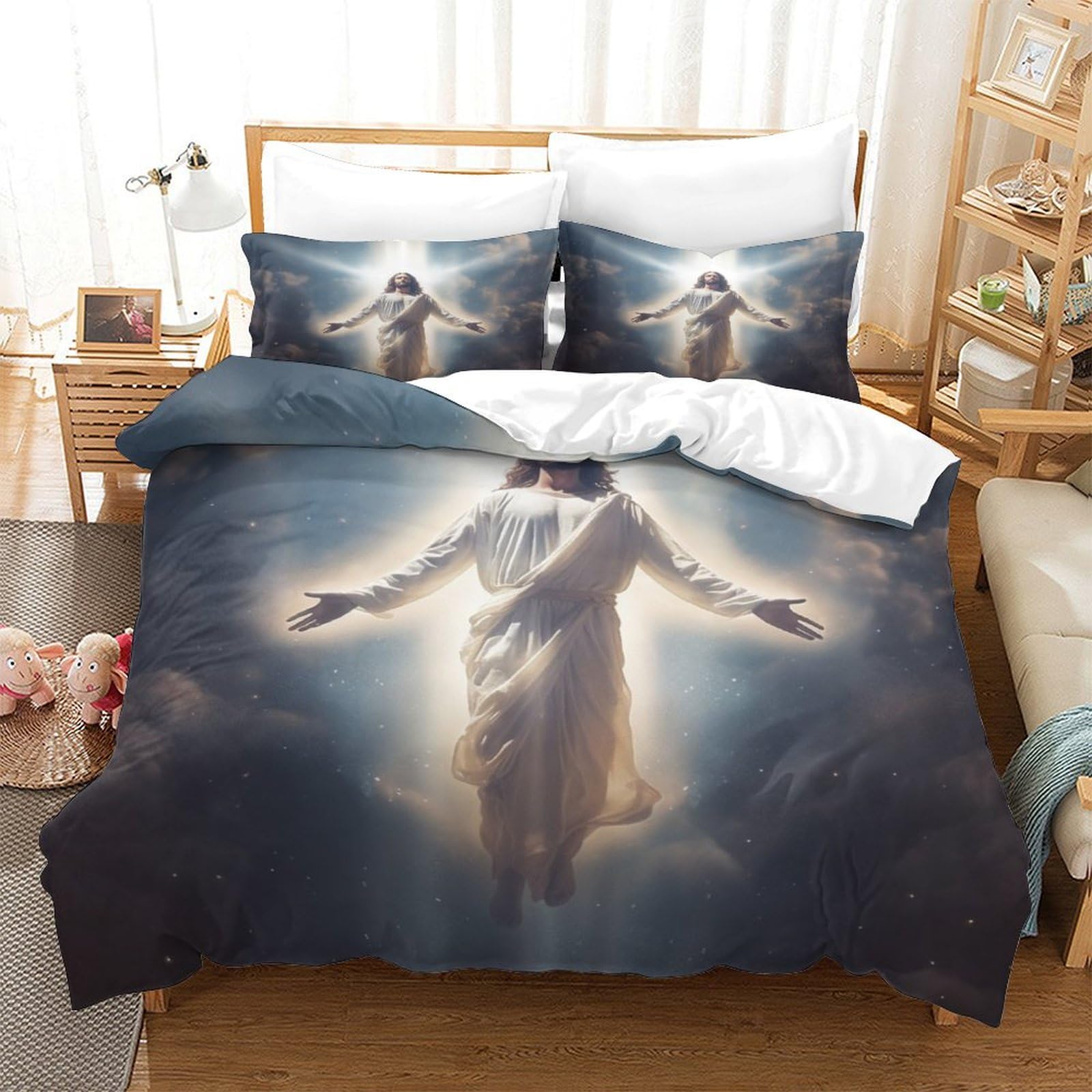 ERGTT Jesus Quilt Cover 3D Printed Beautiful Angel for Boys Girls Comforter Covers Duvet Cover with Pillow Cases with Zipper Closure Bedding Set Soft Microfiber 3 Pieces Full（203x228cm）, Style-2