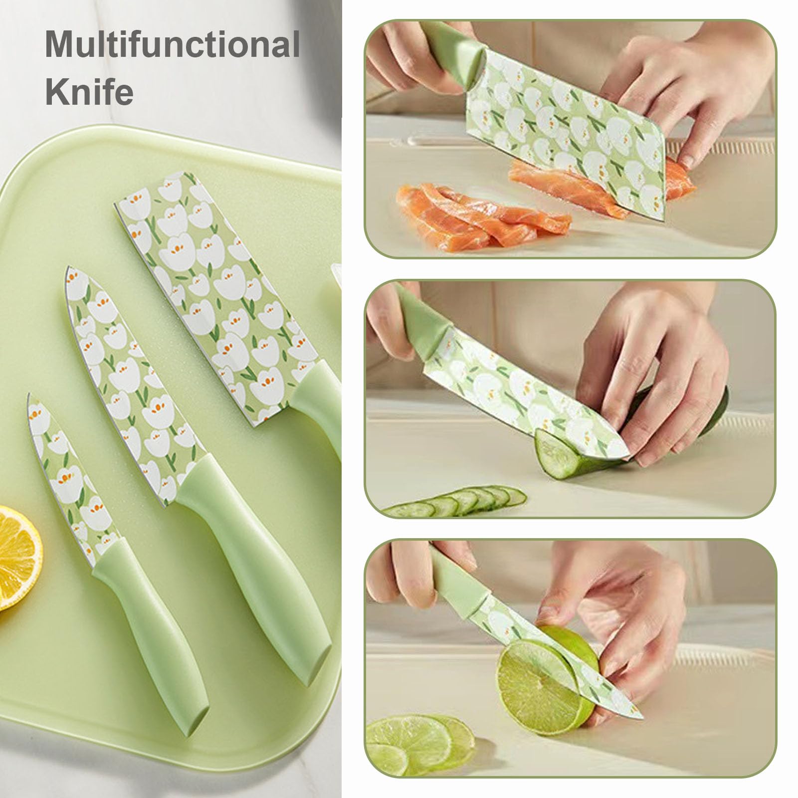 WREWING Kitchen Knife Set, 3 Pieces Green Flower Coated Knife Set with Cover, Stainless Steel Non-Stick Chef Knives Set with Ergonomic Plastic Handle, Lightweight Kitchen Knives for Mother Women Girl