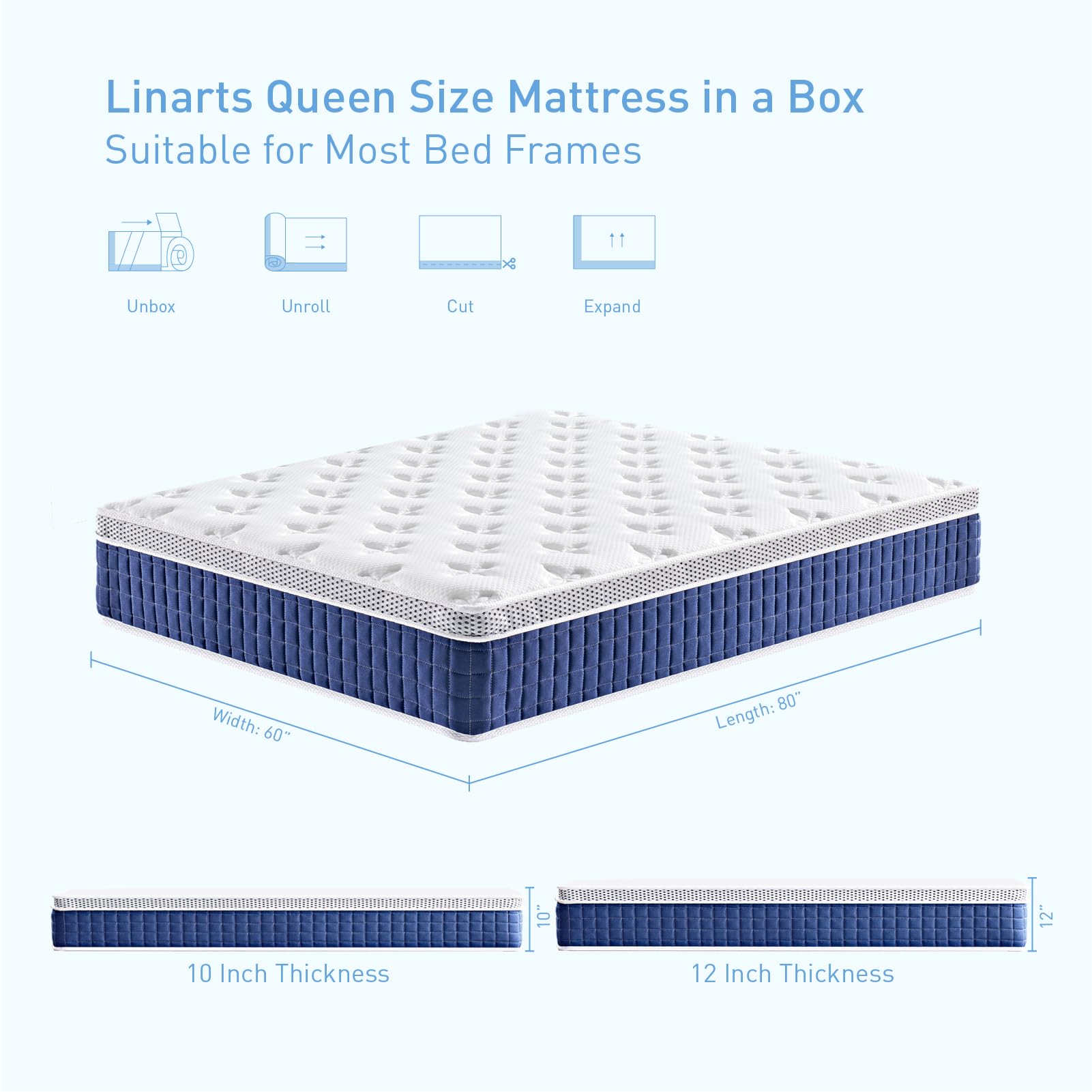 LINARTS Queen Mattress, 10 Inch Queen Size Hybrid Mattress in a Box with Pocket Spring & Soft Knitted Fabric for Comfort, Motion Isolation, Pressure Relief, Edge Support, Improve Sleep, Medium Firm