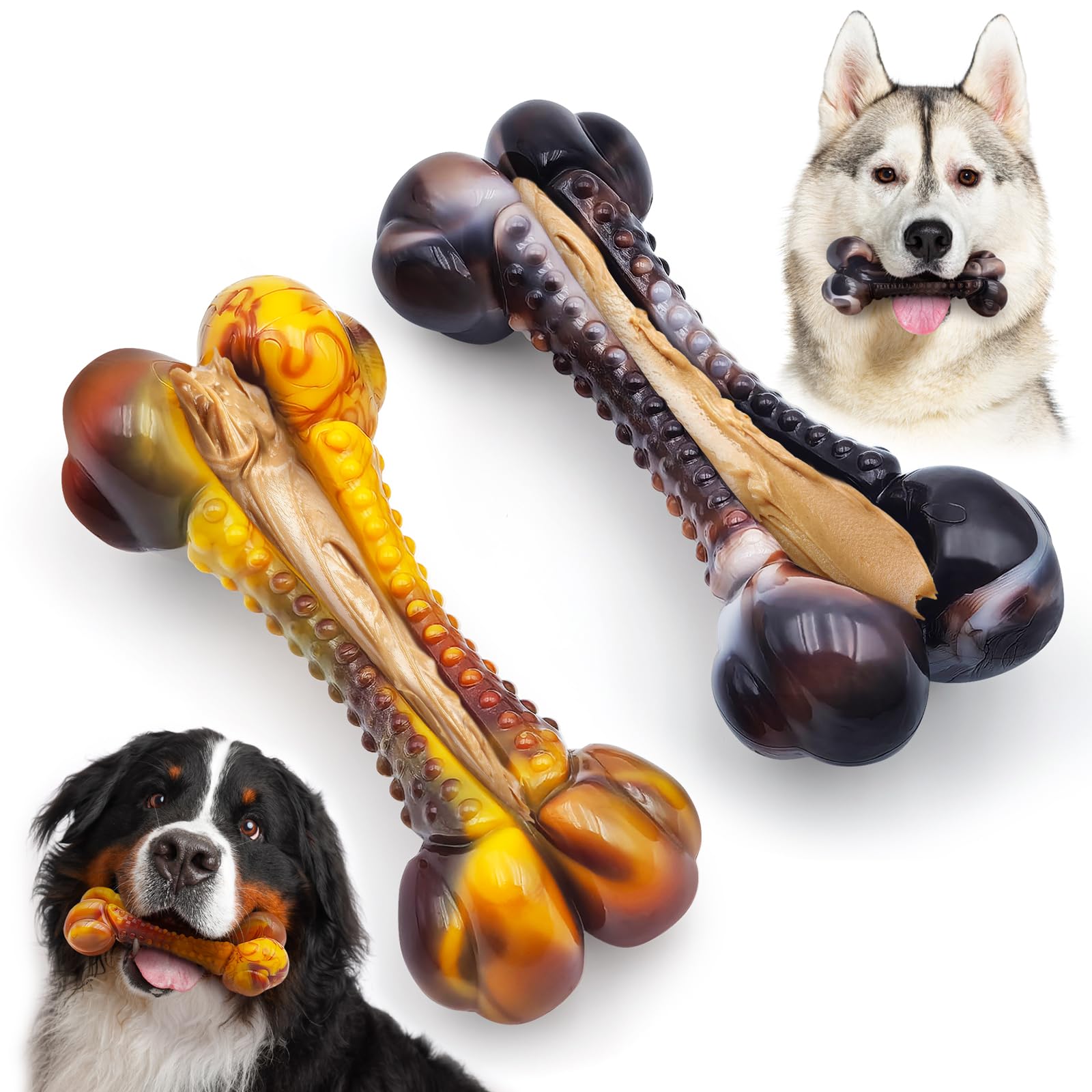 Anoodi 2 Pack Dog Chew Toys for Aggressive Chewers, Nylon Indestructible Large Dog Toys for Small Medium Dogs, Durable Interactive Dog Bone Chew Toys to Keep Them Busy, Real Beef & Bacon Flavored