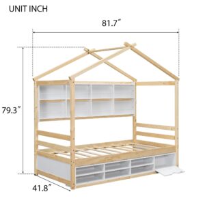 VilroCaz Twin Size House Bed with Bedside-Shelves and Under Bed Storage Unit, Wood Platform Bed Frame Daybed with Roof and Sturdy Slats Support for Kids Teens Girls Boys