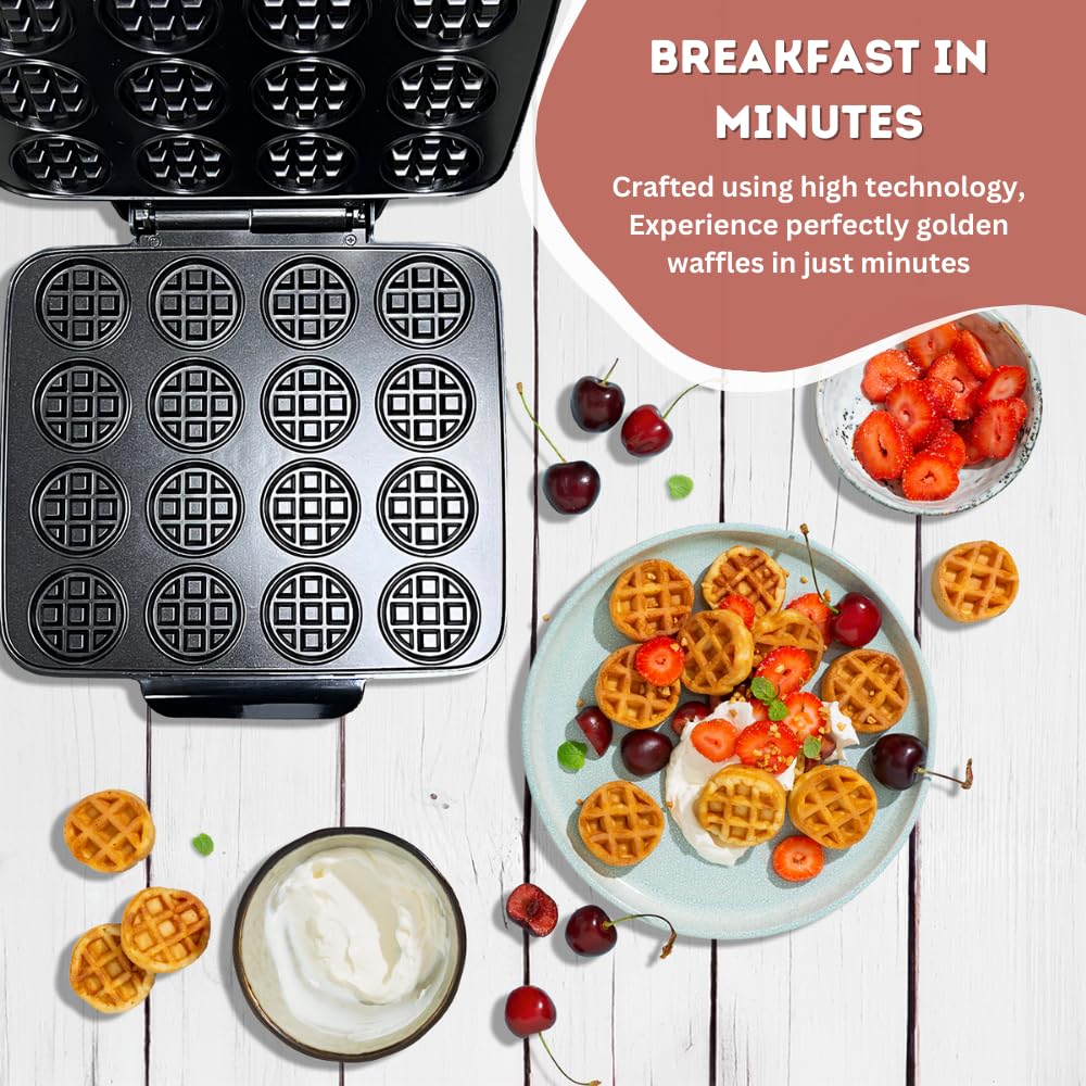 16 PCS Mini Waffle Maker Machine, Nonstick Waffles Iron Quick Heat-Up Surface, Simple & Easy Tiny Chaffle Baker for Home & Restaurants, Small Bites for Kids, Perfect for Breakfast, Desserts & Snacks