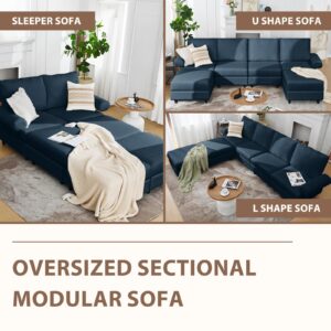 HALLYBEE Sectional Couches for Living Room Breathable Linen Oversized U Shaped Couch Convertible with Storage Modular Sectional Sofa with Ottoman 6 Seats Sectional Sofa Blue