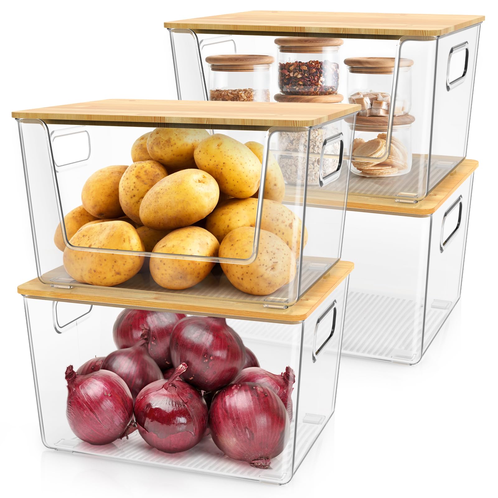 Stackable Storage Bin for Pantry Front Open & Enclosed Sets, Kitchen Counter Organizer Basket for Potato, Onion, Garlic, Fruit, Vegetable, Produce, Clear Plastic Storage with Lid&Handle(2+2Sets)