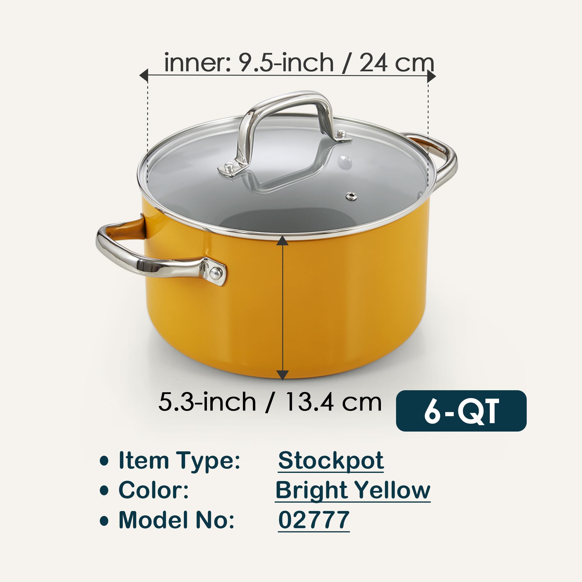 Cook N Home Non Stick Stock Pot with Lid, 6-Quart Hard Anodized Ceramic Nonstick Gumbo Pasta Pot, Induction Cookware Stockpot for Cooking, Canning, Sauce, Ollas para Cocina, Yellow