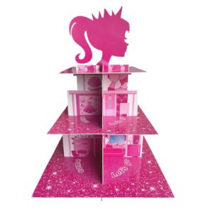 Zliisang Pink Princess Cupcake Stand 3-Tiered Pink Dessert Table Displays Pink Centerpieces for Girls Birthday Party Decorations Princess Baby Shower Table Decorations