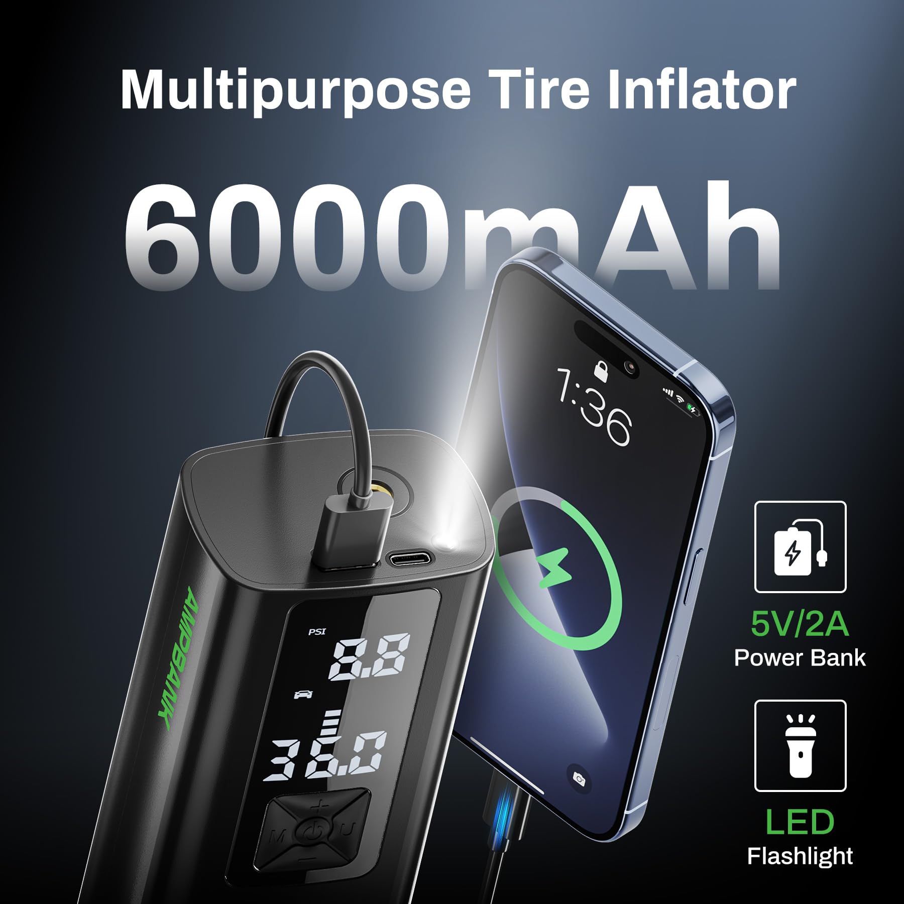 Tire Inflator Portable Air Compressor, AMPBANK AT003 Auto Air Pump for Car Tires, Tire Inflator 150PSI with 6000mAh Battery, Pressure Gauge & LED Screen, Air Compressor for Car, Motorcycle, Bike, Ball