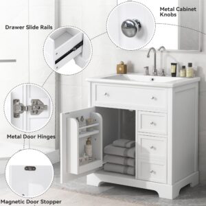 CuisinSmart 30" Bathroom Vanity with Sink Top, Bathroom Storage Cabinet Modern Design Solid Wood Frame Bath Vanity with One Door and Two Drawers White