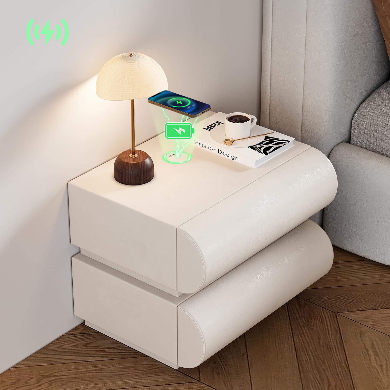 homary Smart Nightstand Modern White Leather Nightstands with Wireless Charger Bedside Table with 2 Drawers for Bedrooms Living Rooms Offices