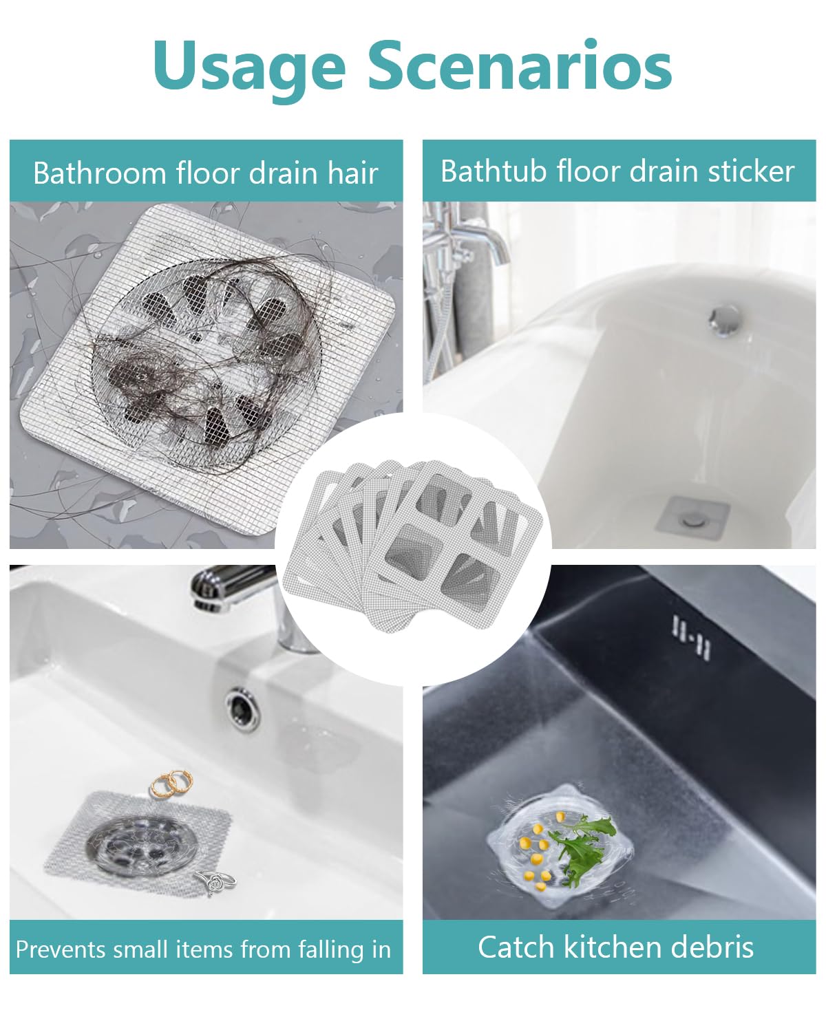 Yempum Disposable Shower Drain Hair Catcher 50 Pack Square Disposable Drain Hair Catcher Drain Covers Bathroom Laundry Bathtub Kitchen Sink Floor Drain Sticker for Human & Pet Hair 4" X 4"