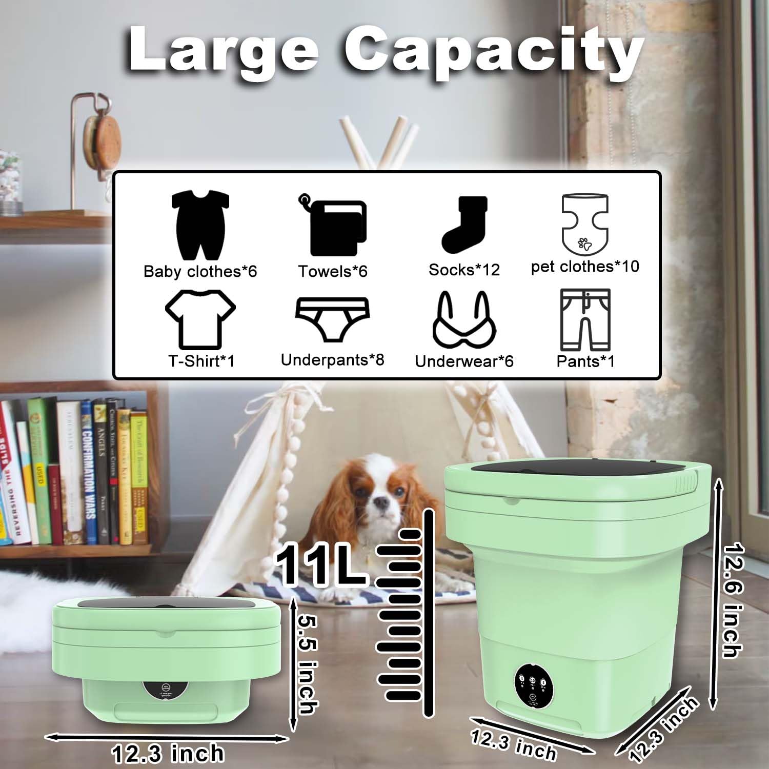 Portable Washing Machine, 11L Large Capacity Collapsible Mini Washing Machine, Foldable Washer and Dryer with Spin for Travel, Socks, Baby Clothes