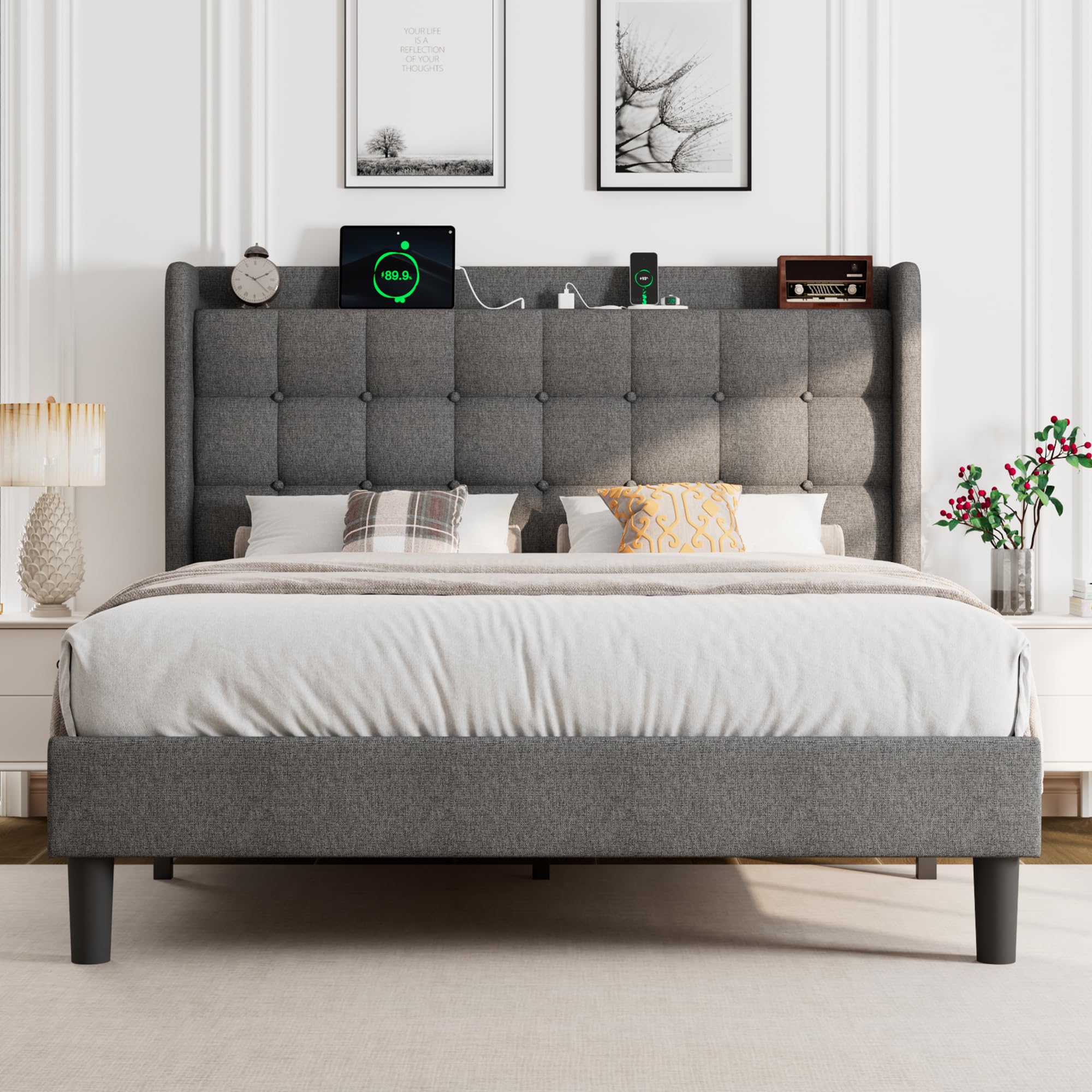 Einhomn Queen Bed Frame, Upholstered Platform Bed Frame with Charging Station, Modern Wingback Storage Headboard, Solid Wood Slats Support, No Box Spring Needed, Dark Grey