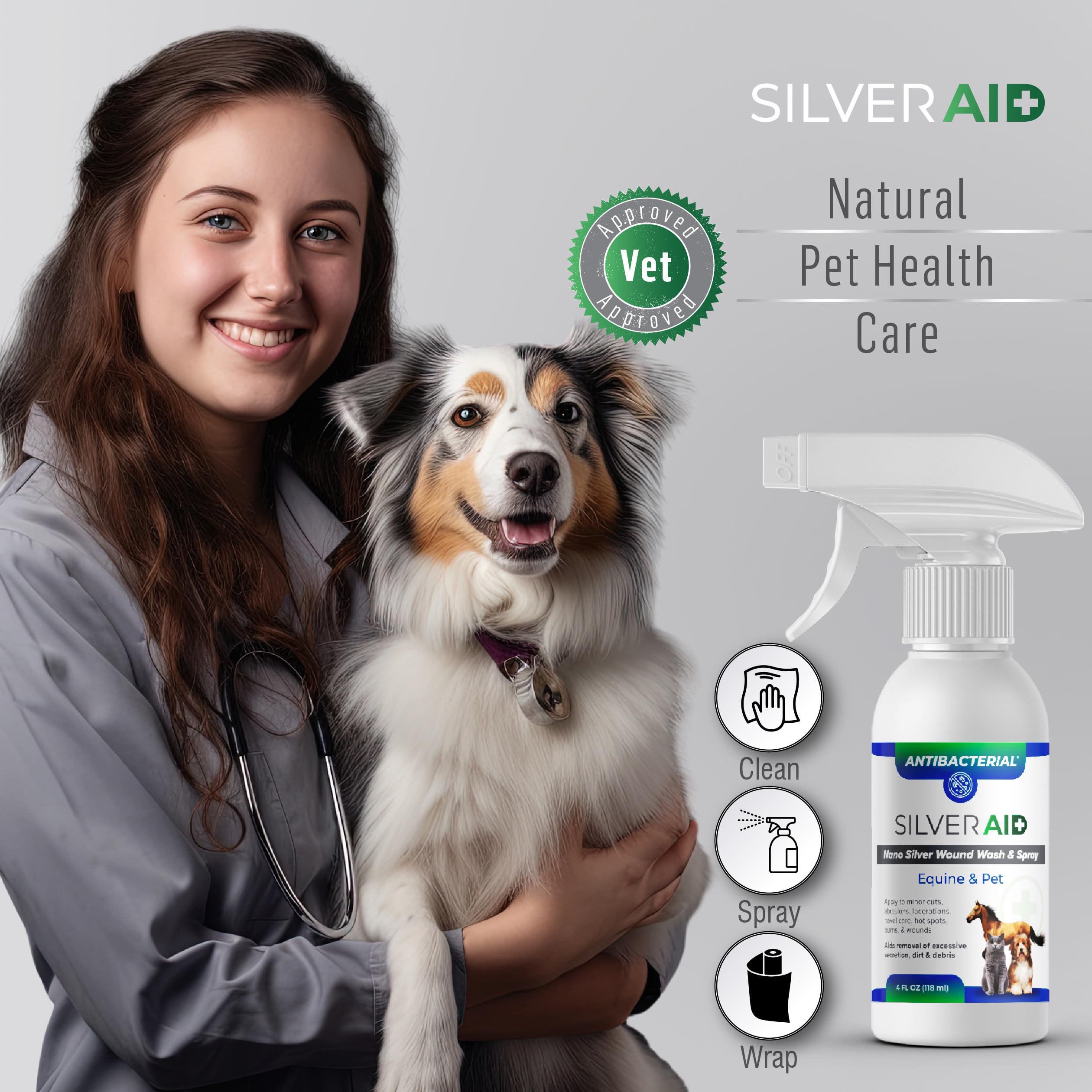 SilverAid Wound & Skin Spray, Patented Colloidal Silver Spray, Hot Spot Treatment for Dogs, Cats, Horses, Relief of Itching, Irritations, Burns, Minor Cuts, Coat Care, Vet Recommended, Made in USA