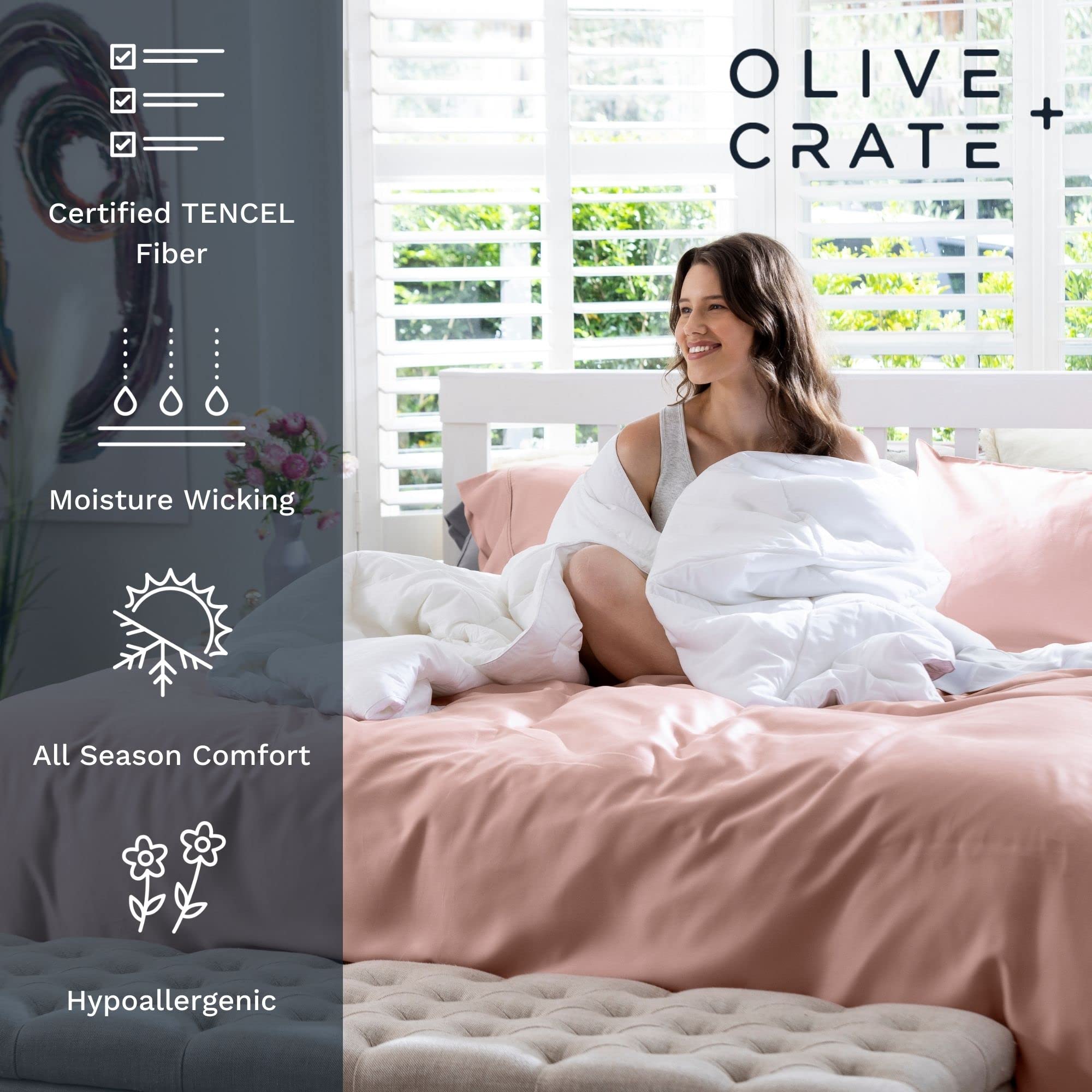 Olive + Crate Luxury 100% Lyocell Eucalyptus Duvet Cover Set Queen Size, Tencel 3PC Vegan Bedding Set, Soft White Cooling Duvet Cover for Hot Sleepers & 2 Pillowcases, White Snow (90" x 88")