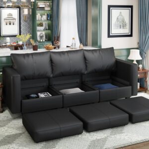 EASE MOOSE Convertible Modular Sofa Sectional Couch with Reversible Chaises,3 Seat Faux Leather Sectional Sofa Couch with Storage for Living Room Home Office