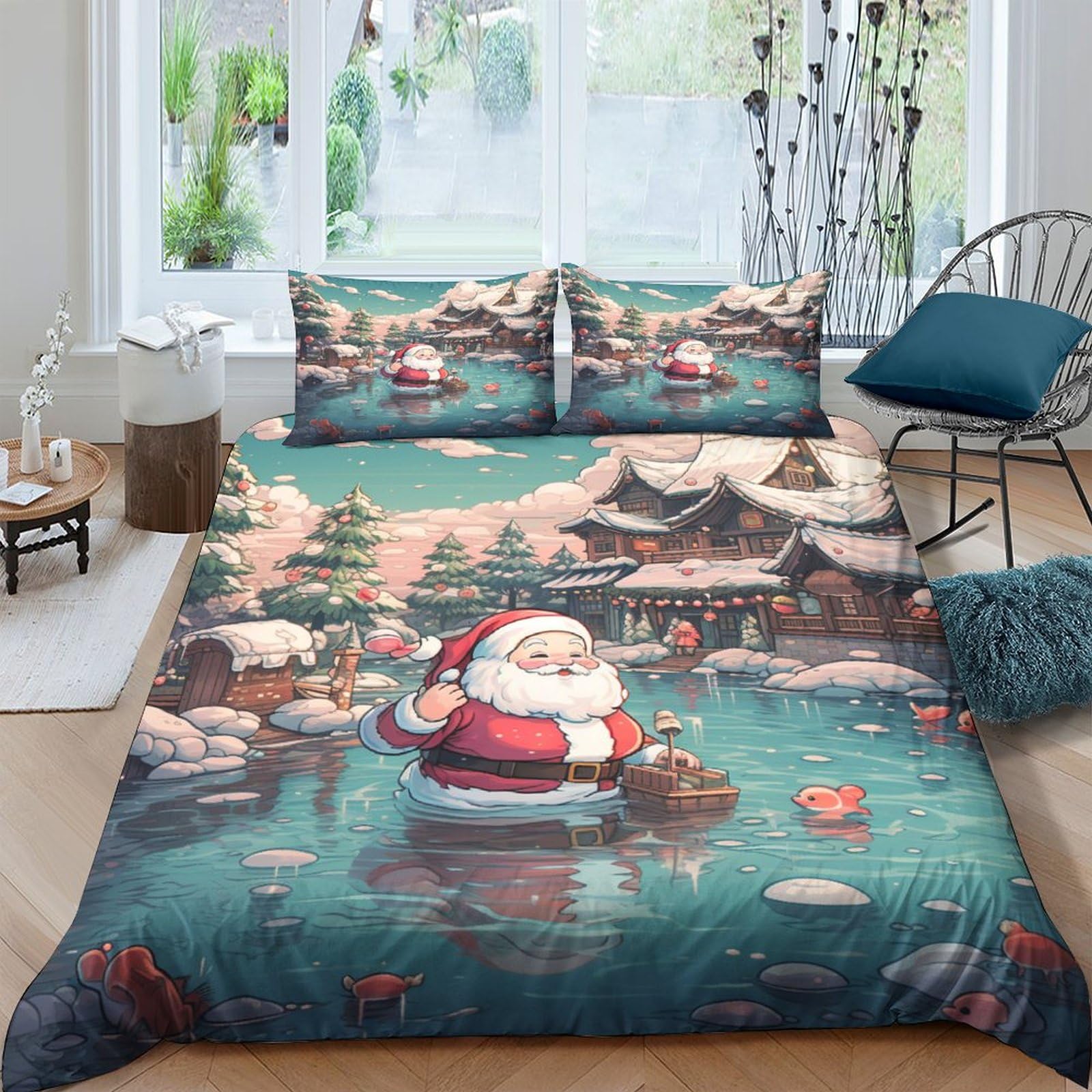 ERGTT Father Christmas Comforter Covers Quilt Cover Duvet Cover for Boys Girls 3D Printed Christmas with Zipper Closure Bedding Set with Pillow Cases Soft Microfiber 3 Pieces Queen（228x228cm）