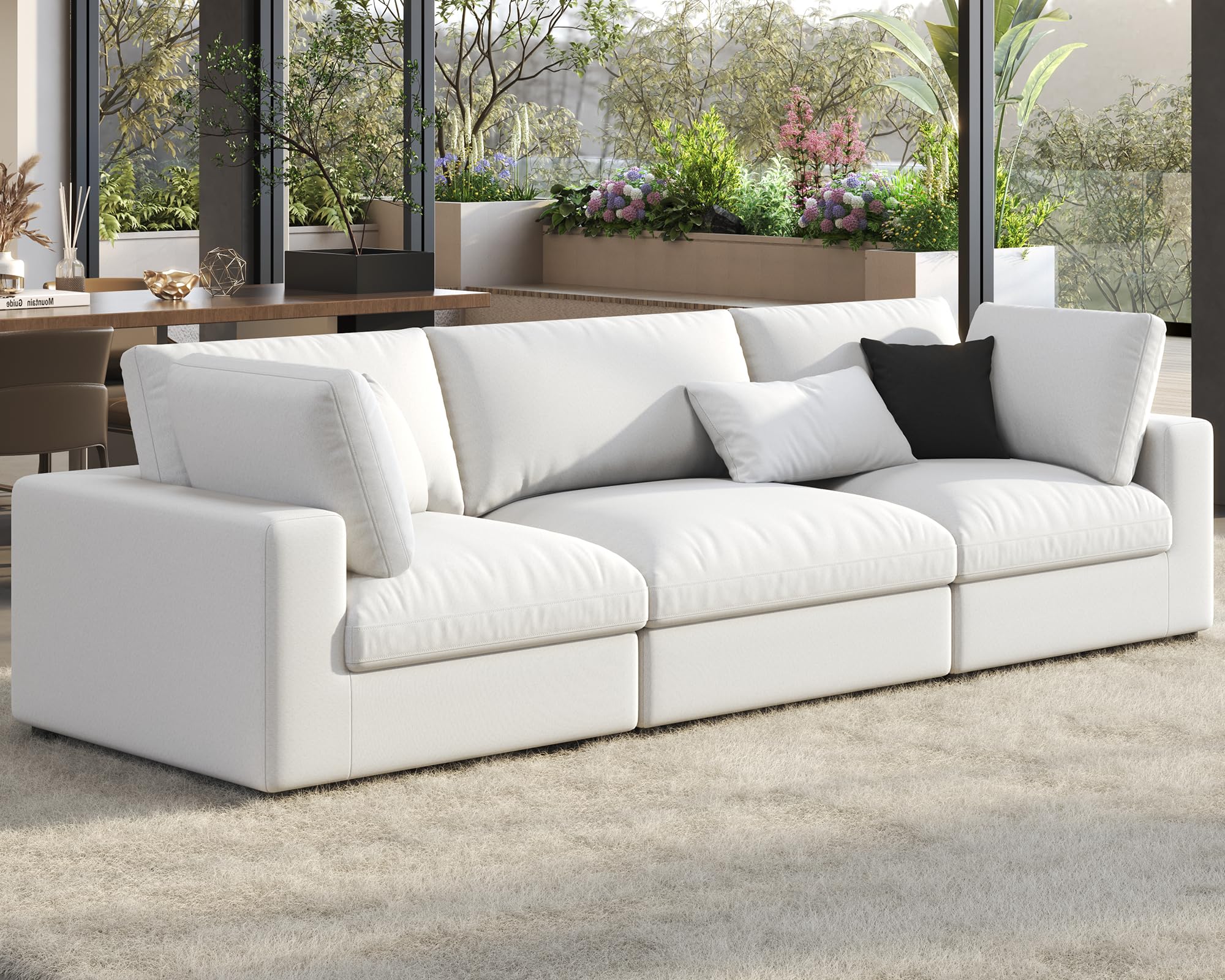 PaPaJet Modular Sectional Sofa, 114 Inches Down Filled Sectional Sofa, 3 Seater Oversized Comfy Couch for Living Room, White Linen Cloud Couch Set