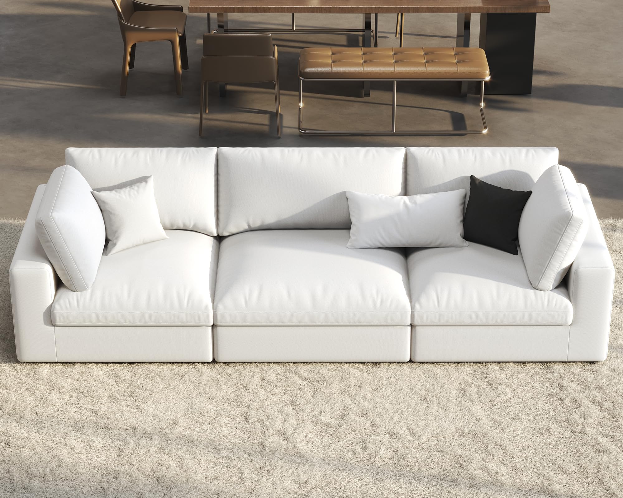 PaPaJet Modular Sectional Sofa, 114 Inches Down Filled Sectional Sofa, 3 Seater Oversized Comfy Couch for Living Room, White Linen Cloud Couch Set