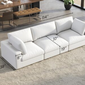 PaPaJet Modular Sectional Sofa, 114 Inches Down Filled Sectional Sofa, 3 Seater Oversized Comfy Couch for Living Room, White Linen Cloud Couch Set