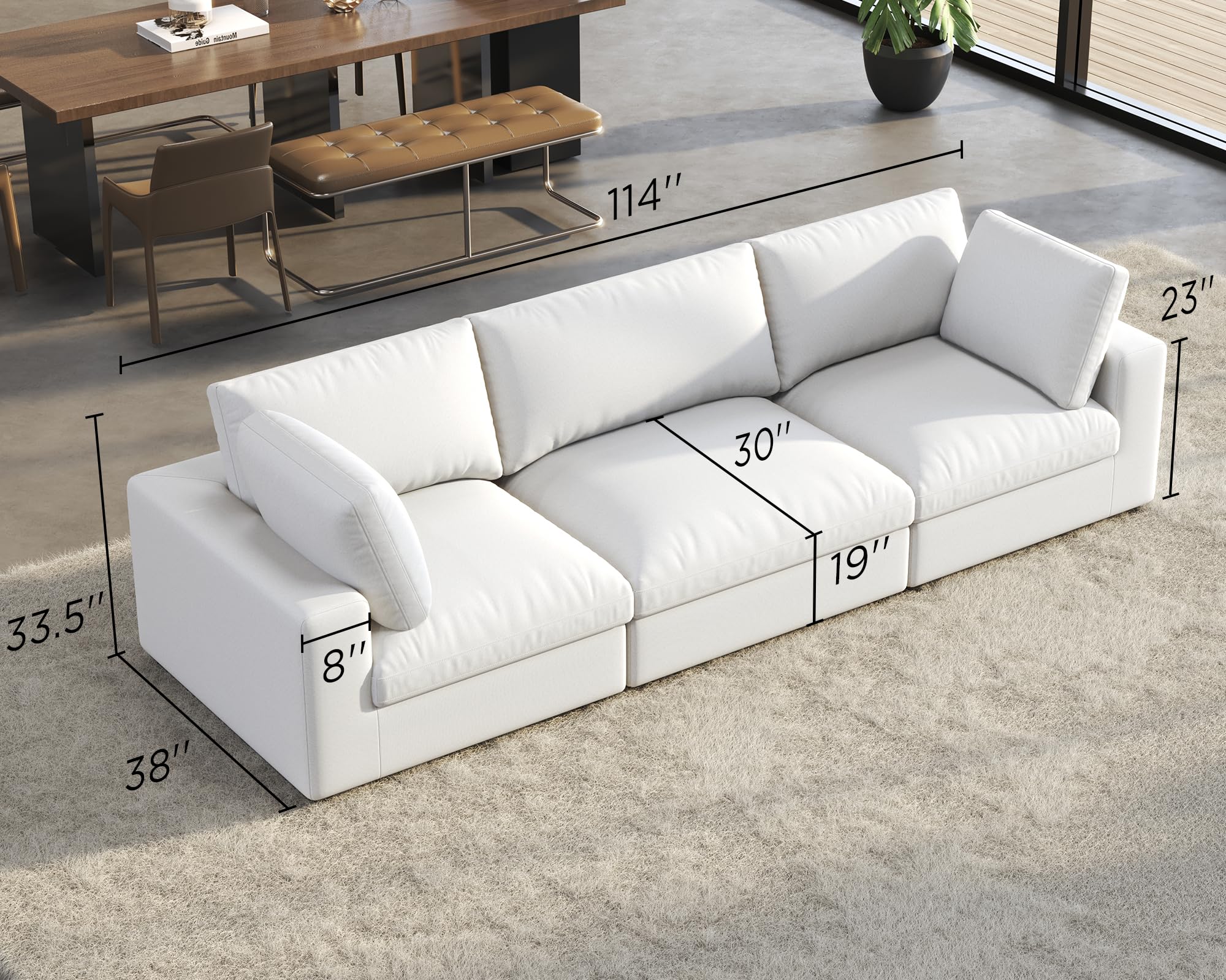 PaPaJet Modular Sectional Sofa, 114 Inches Down Filled Sectional Sofa, 3 Seater Oversized Comfy Couch for Living Room, White Linen Cloud Couch Set