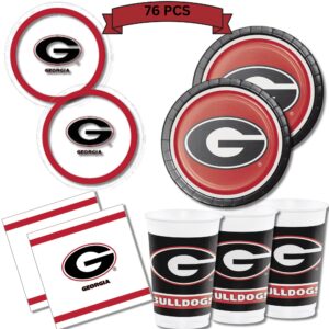 georgia bulldog party supplies 76 pcs complete university set:disposable paper 9" luncheon plates,7" dessert plates,large napkins,20oz plastic cups. bulk for 16 guests.tailgate,football,graduation