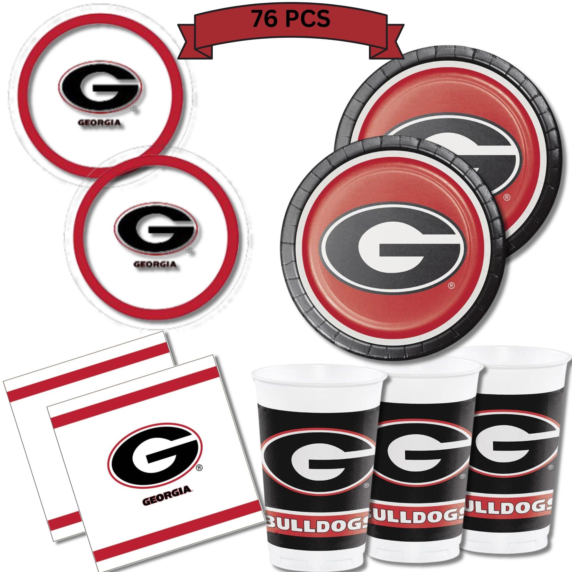 Georgia Bulldog Party Supplies 76 Pcs Complete University Set:Disposable Paper 9" Luncheon Plates,7" Dessert Plates,Large Napkins,20oz Plastic Cups. Bulk for 16 Guests.Tailgate,Football,Graduation