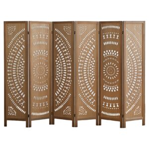 aleesing 6 panel wood room divider fully assembled, carved boho room dividers and folding screens, 5.6ft room divider screen freestanding partition wall dividers for home bedroom office, brown