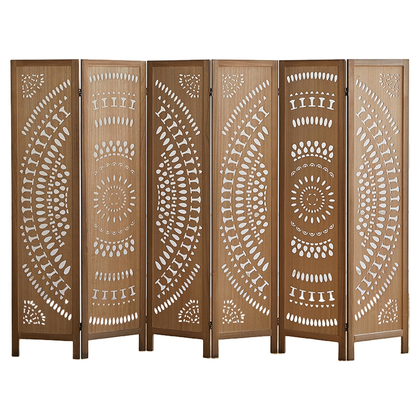 ALeesing 6 Panel Wood Room Divider Fully Assembled, Carved Boho Room Dividers and Folding Screens, 5.6Ft Room Divider Screen Freestanding Partition Wall Dividers for Home Bedroom Office, Brown