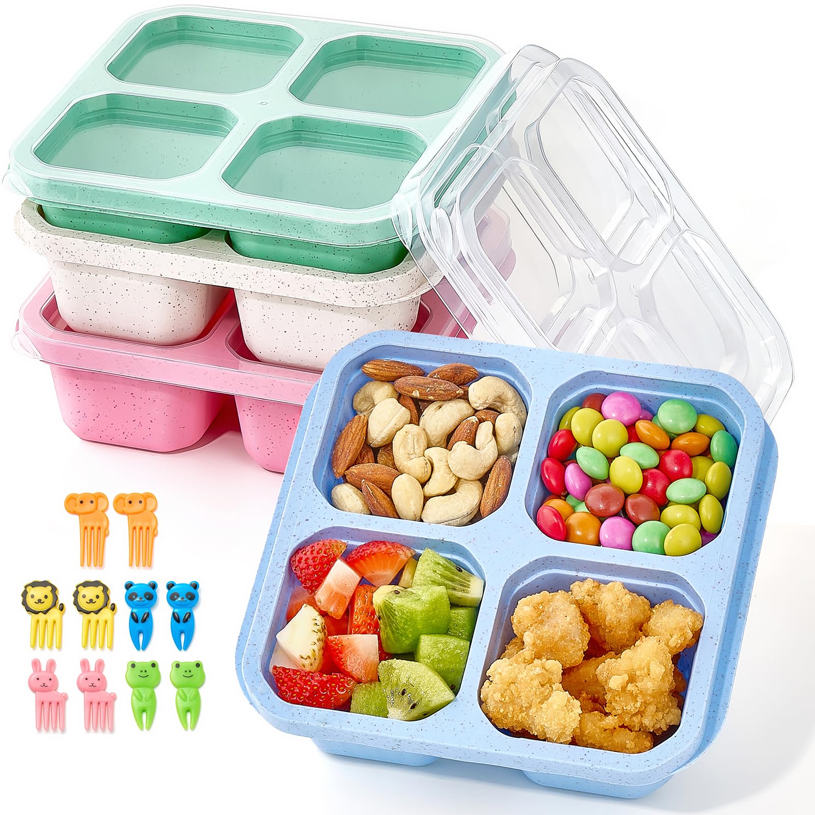 Bento Snack Boxes 4 Pack, Reusable Bento Boxes Kids Adults with 4 Compartments & Fork, Lunch Snack Containers, Wheat Straw Meal Prep Lunch Box, Divided Food Storage Containers for School Work Travel