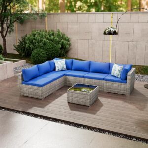 Tradare Patio Furniture Set, 7 Pieces Modular Outdoor Couch, Wicker Patio Sofa Conversation Set with Glass Table and Blue Cushion, All Weather Patio Sectional Furniture Set