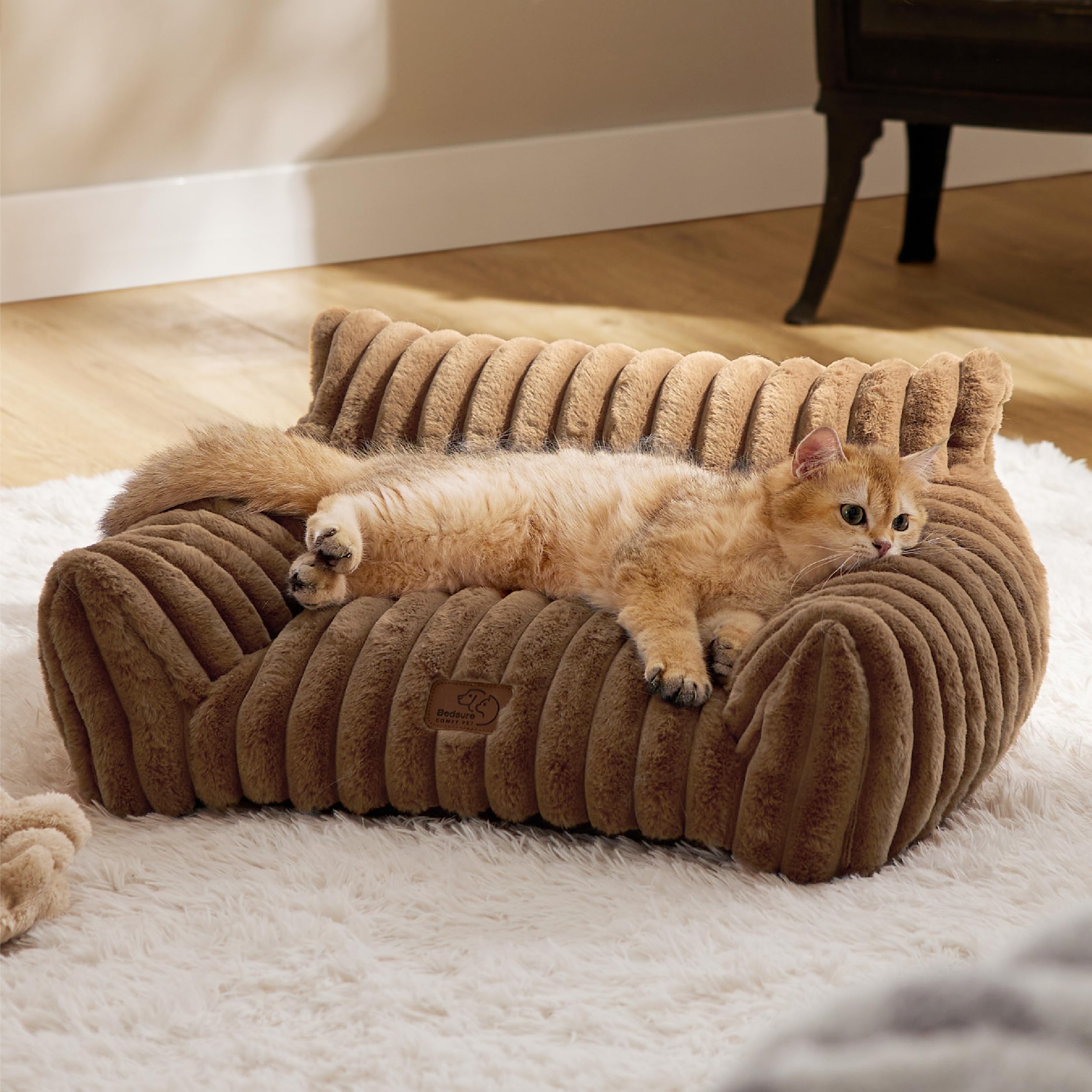 Bedsure Cute Cat Couch for Pets - Fluffy Cat Sofa with Premium Soft Corduroy Fleece, Fuzzy Cat Couch Bed with Removable Washable Cover, Supportive Cat Chair for Indoor Cats, 24inch, Copper Brown