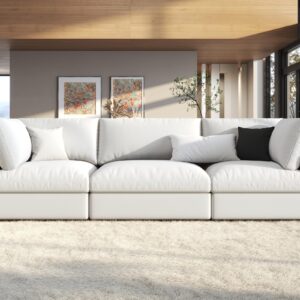 PaPaJet Modular Sectional Sofa, 114 Inches Down Filled Sectional Sofa, 3 Seater Oversized Comfy Couch for Living Room, White Linen Cloud Couch Set