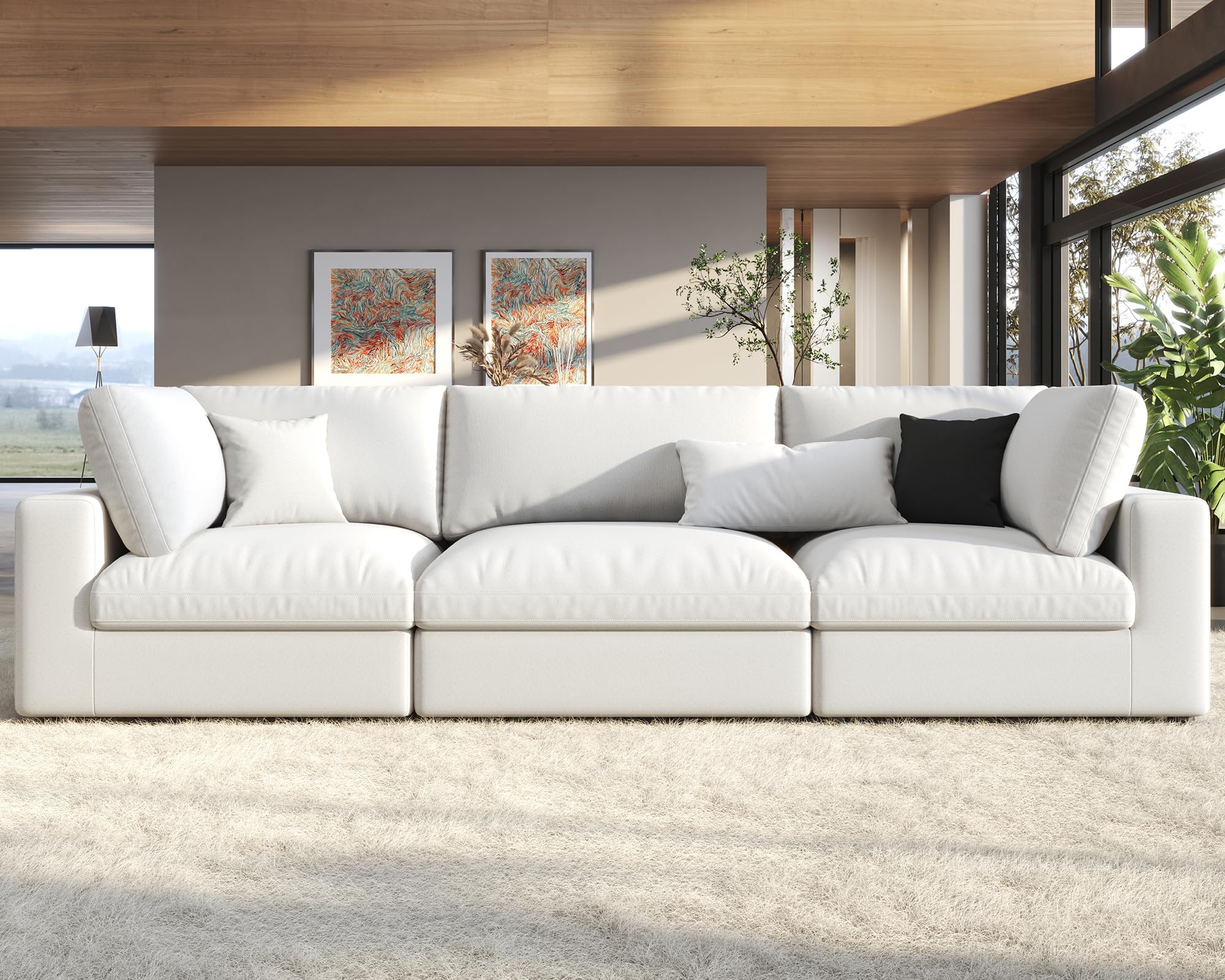 PaPaJet Modular Sectional Sofa, 114 Inches Down Filled Sectional Sofa, 3 Seater Oversized Comfy Couch for Living Room, White Linen Cloud Couch Set