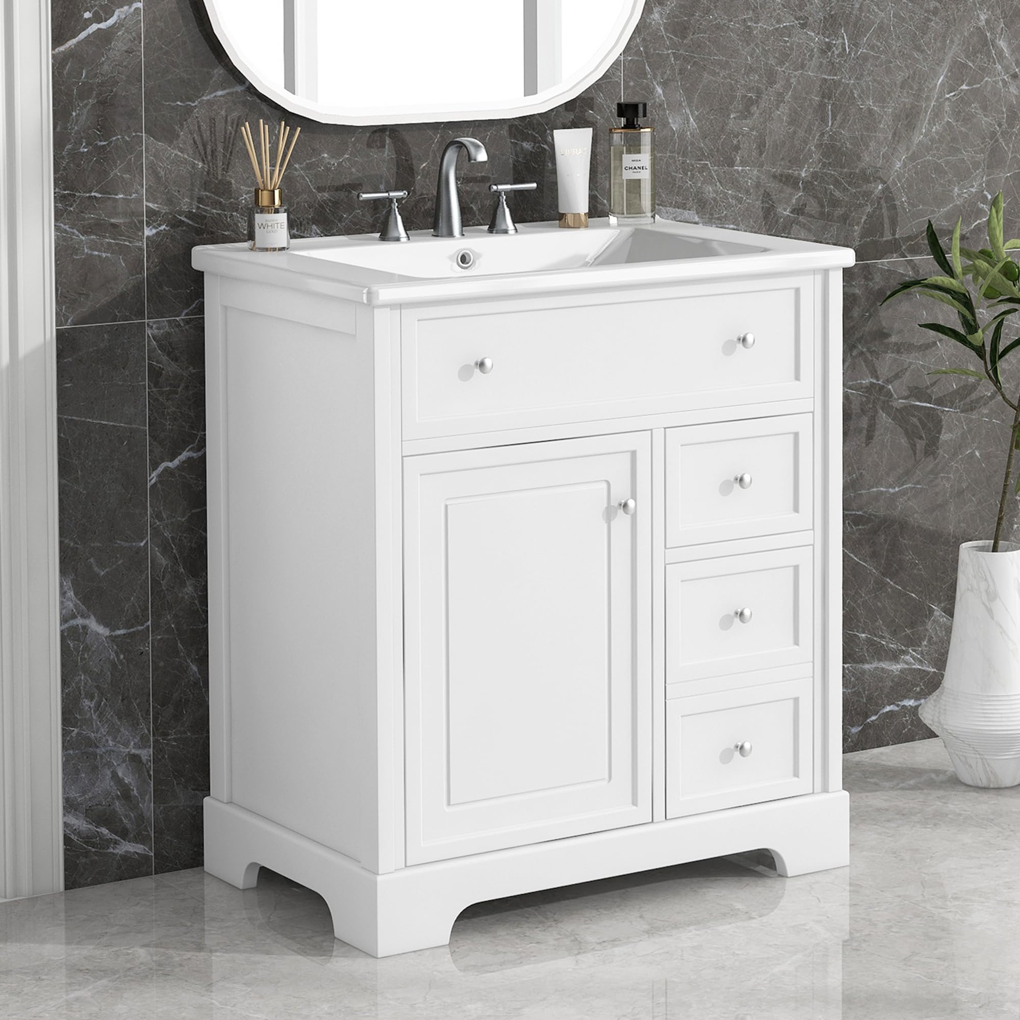 CuisinSmart 30" Bathroom Vanity with Sink Top, Bathroom Storage Cabinet Modern Design Solid Wood Frame Bath Vanity with One Door and Two Drawers White