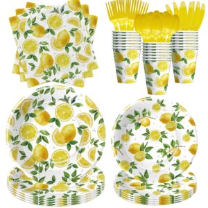 suhelkit lemon party decorations tableware - disposable lemon birthday party supplies, paper plate, napkin, cup, cutlery, summer theme lemon baby shower bridal shower table decorations | 24 guests