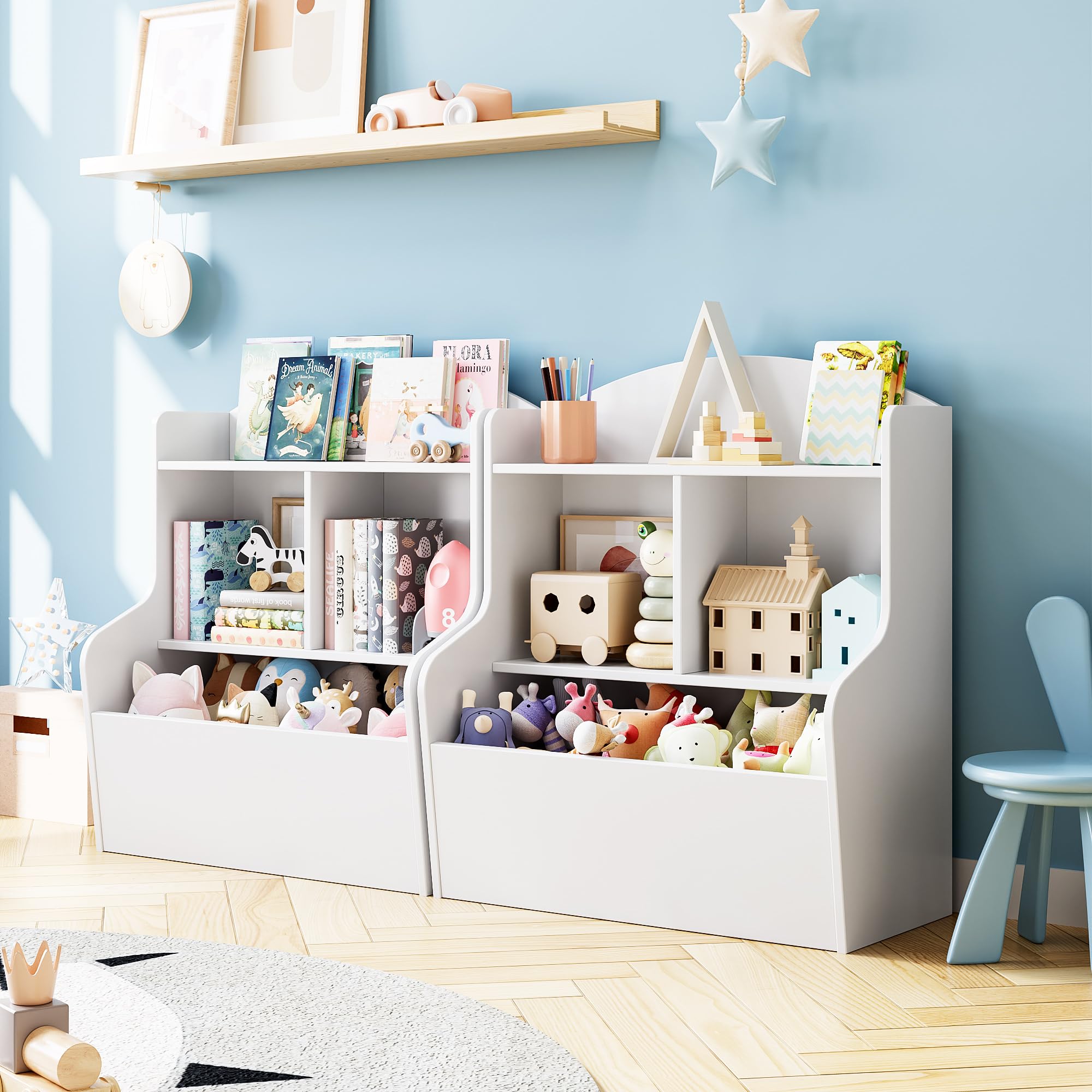 IDEALHOUSE 3-Tier Toy Storage Cabinet and Bookcase, Multi Shelf with Cubby Organizer Cabinet for Toys, for Playroom, Bedroom, Hallway and Kindergarten School (White)