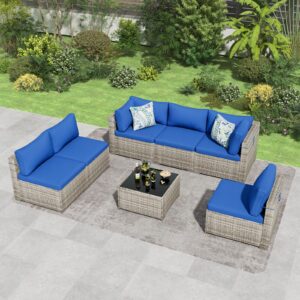 tradare patio furniture set, 7 pieces modular outdoor couch, wicker patio sofa conversation set with glass table and blue cushion, all weather patio sectional furniture set