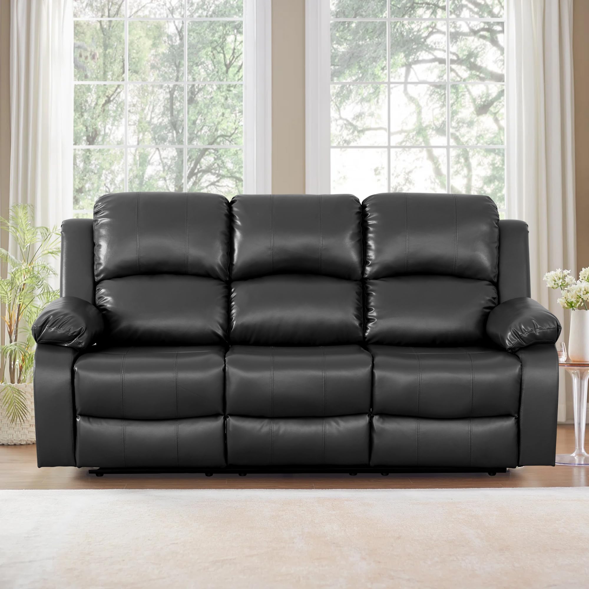 SumKea Large Loveseat Recliner Sofa, Leather Living Room Couch with Cup Holder, Black