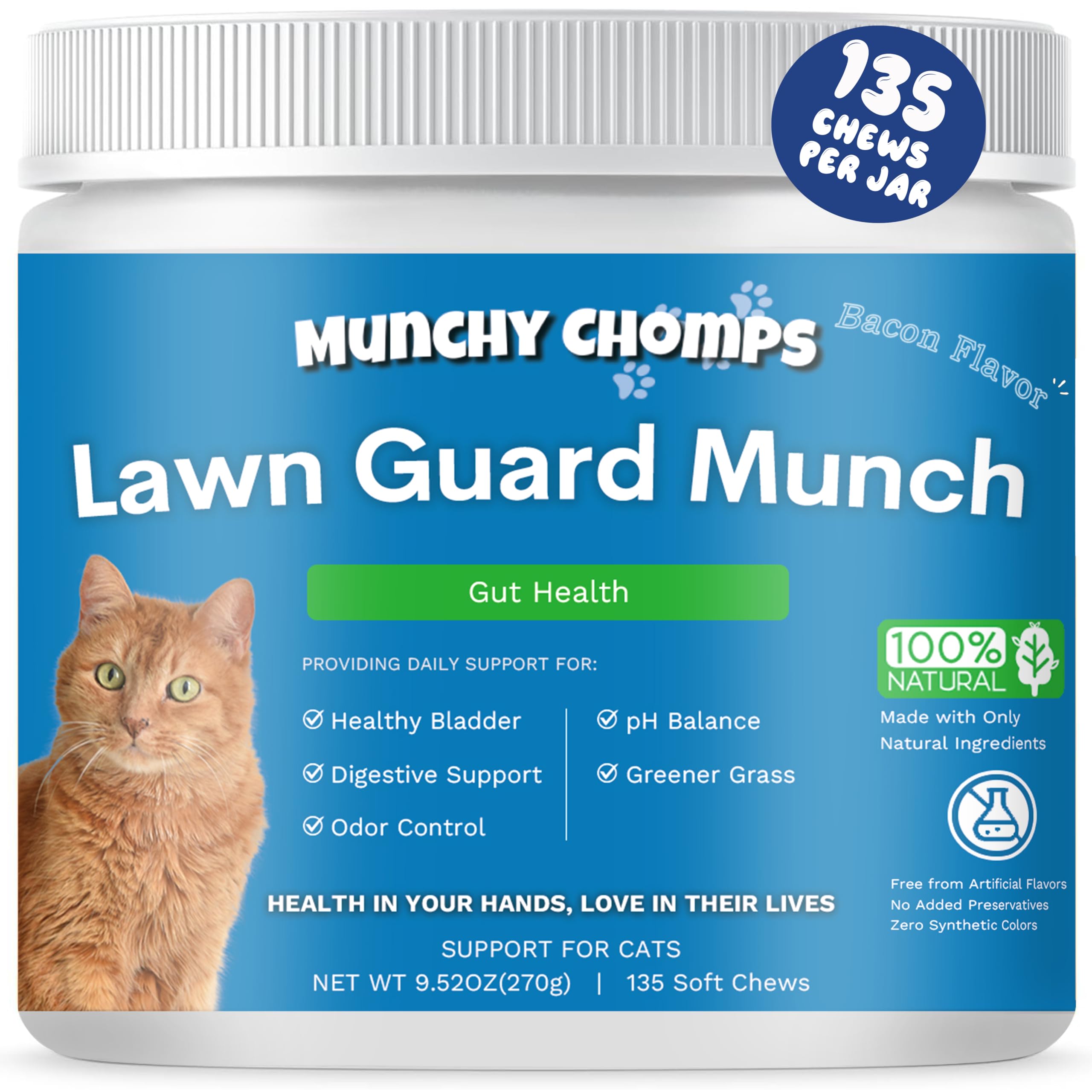 Munchy Chomps Lawn Guard Munch for Cats - Supports Urinary Tract & Gut Health - Prevents Yellow Spots on Grass - with DL-Methionine, Fiber & Probiotics (Bacon)