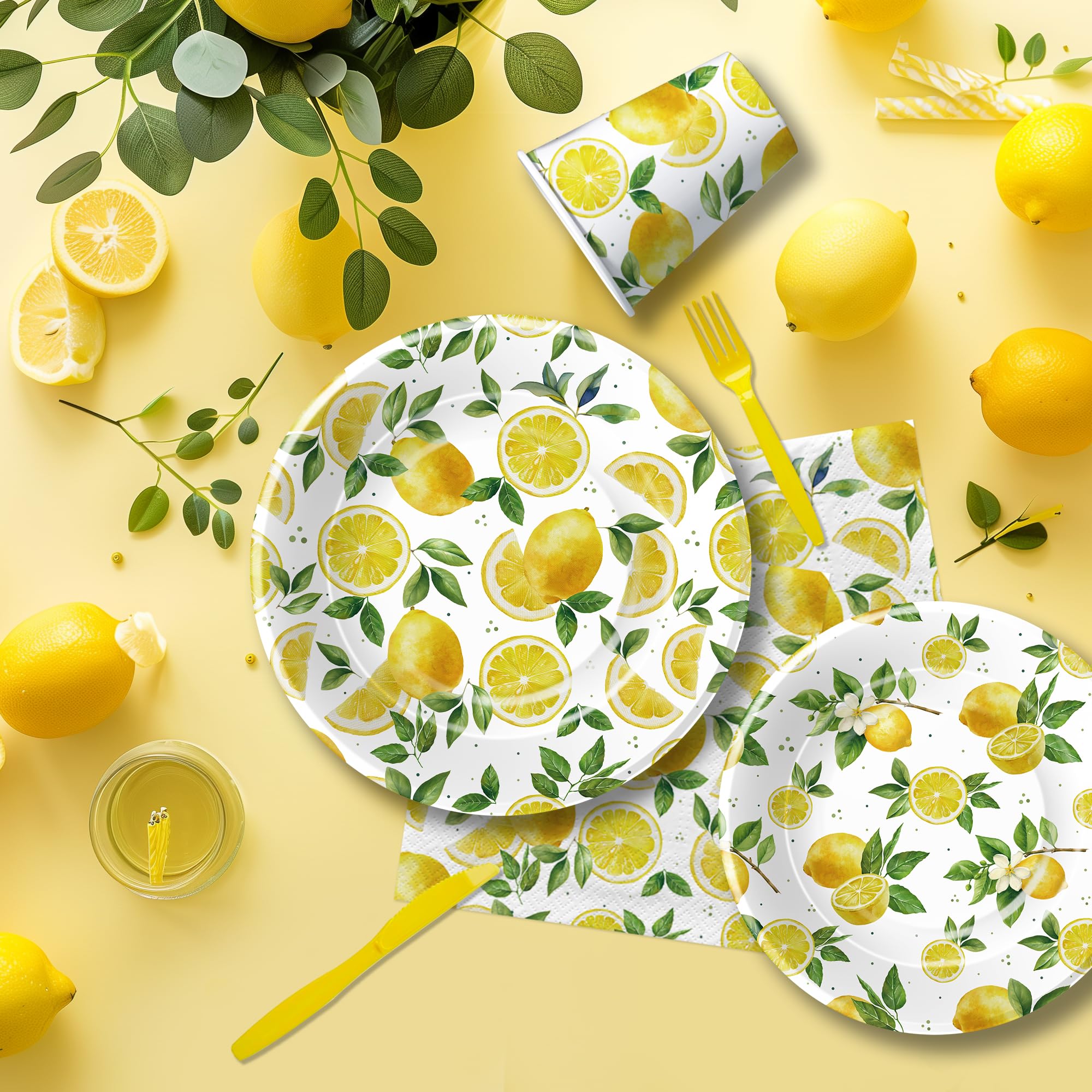 Suhelkit Lemon Party Decorations Tableware - Disposable Lemon Birthday Party Supplies, Paper Plate, Napkin, Cup, Cutlery, Summer Theme Lemon Baby Shower Bridal Shower Table Decorations | 24 Guests