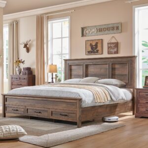 accohoho farmhouse queen size bed frame with 52" tall full-panel headboard & footboard, queen platform bedframe with storage drawers, wood panel bed base, no squeak, no box spring needed, light brown