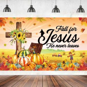 large 71" x 43" fall for jesus he never leaves banner, fall for jesus he never leaves decor, fall for jesus banner for christian fall decorations, fall festival decorations