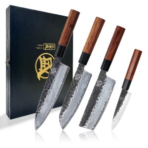 mitsumoto sakari japanese chef's knife set 4 pcs, professional hand forged kitchen chef knife set, high carbon ultra sharp cooking chefs knife set (rosewood handle & sandalwood box)