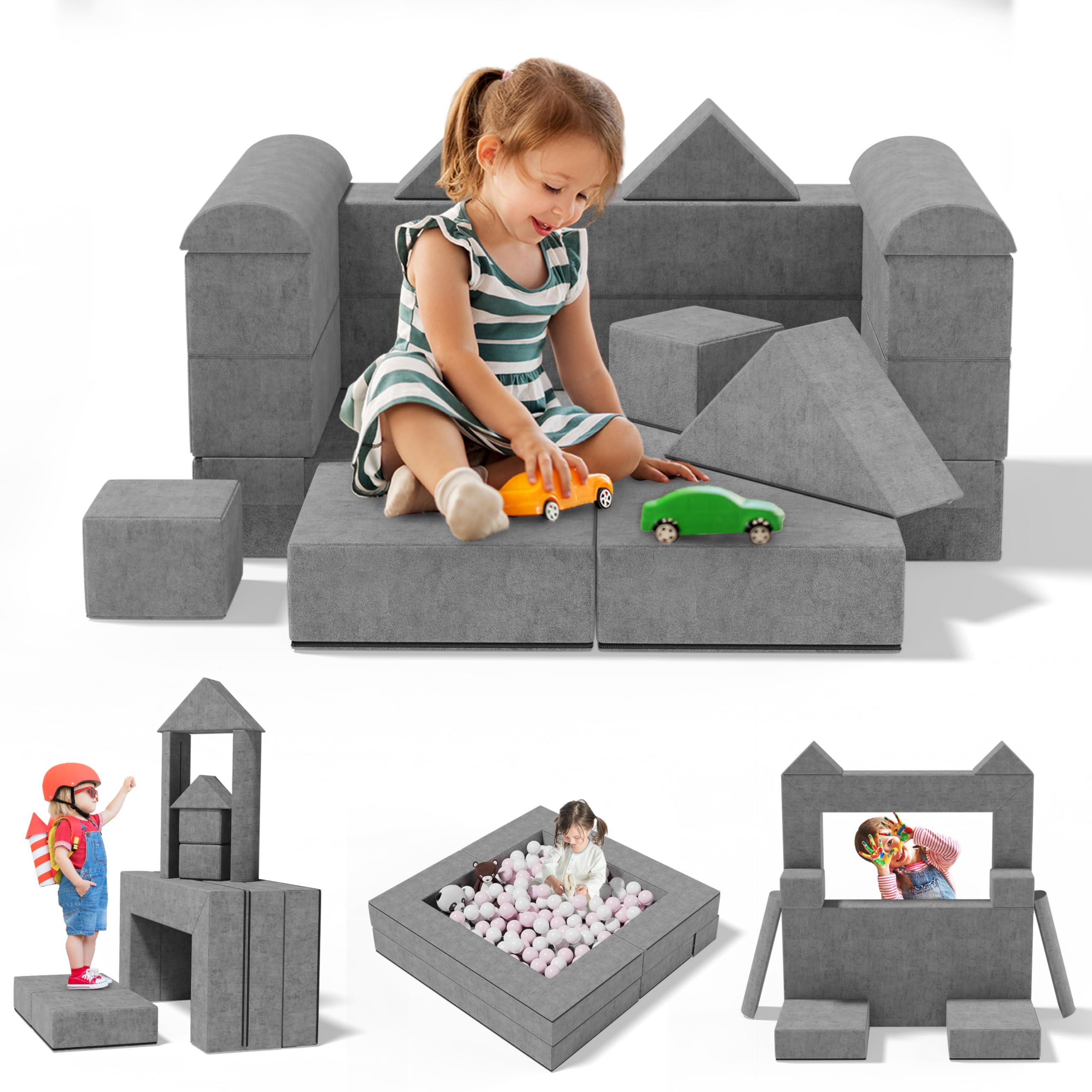 Xilingol Modular Kids Play Couch, Toddler Couch Kids Sofa with Ottomans, Convertible Foam Couch Play Set for Creative Boys & Girls, Kids Couch Building Fort for Playroom & Nursery （Grey）