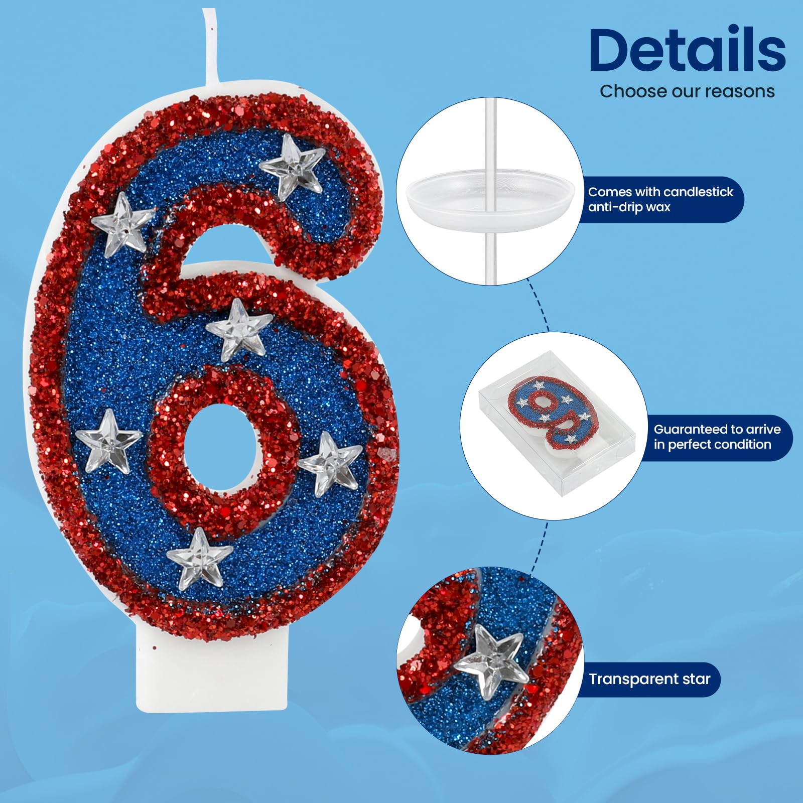 American Flag Birthday Candle Red Blue Sequin Number 6 Candle Perfect for Independence Day and Captain America Birthday Party Decorations Favors