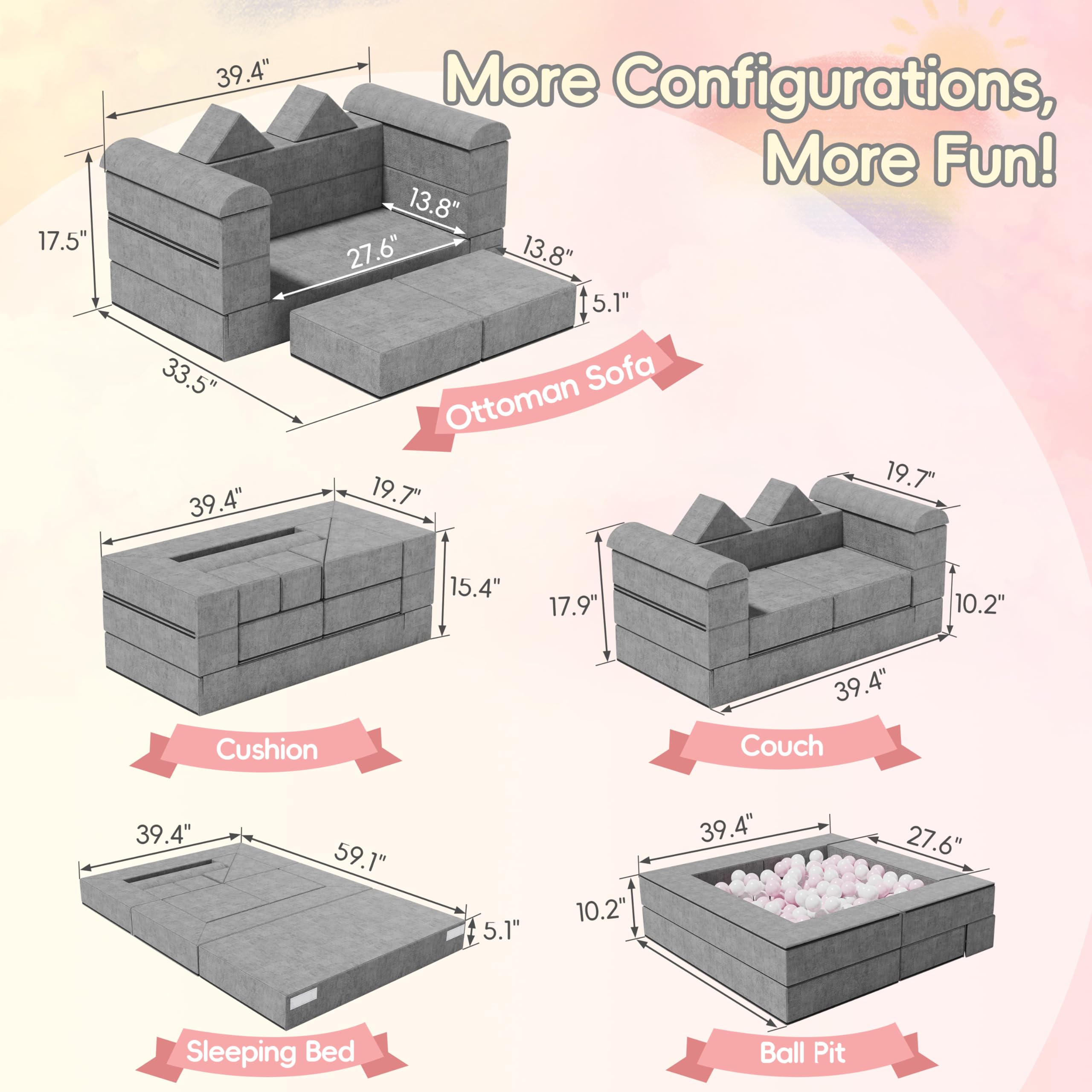 Xilingol Modular Kids Play Couch, Toddler Couch Kids Sofa with Ottomans, Convertible Foam Couch Play Set for Creative Boys & Girls, Kids Couch Building Fort for Playroom & Nursery （Grey）