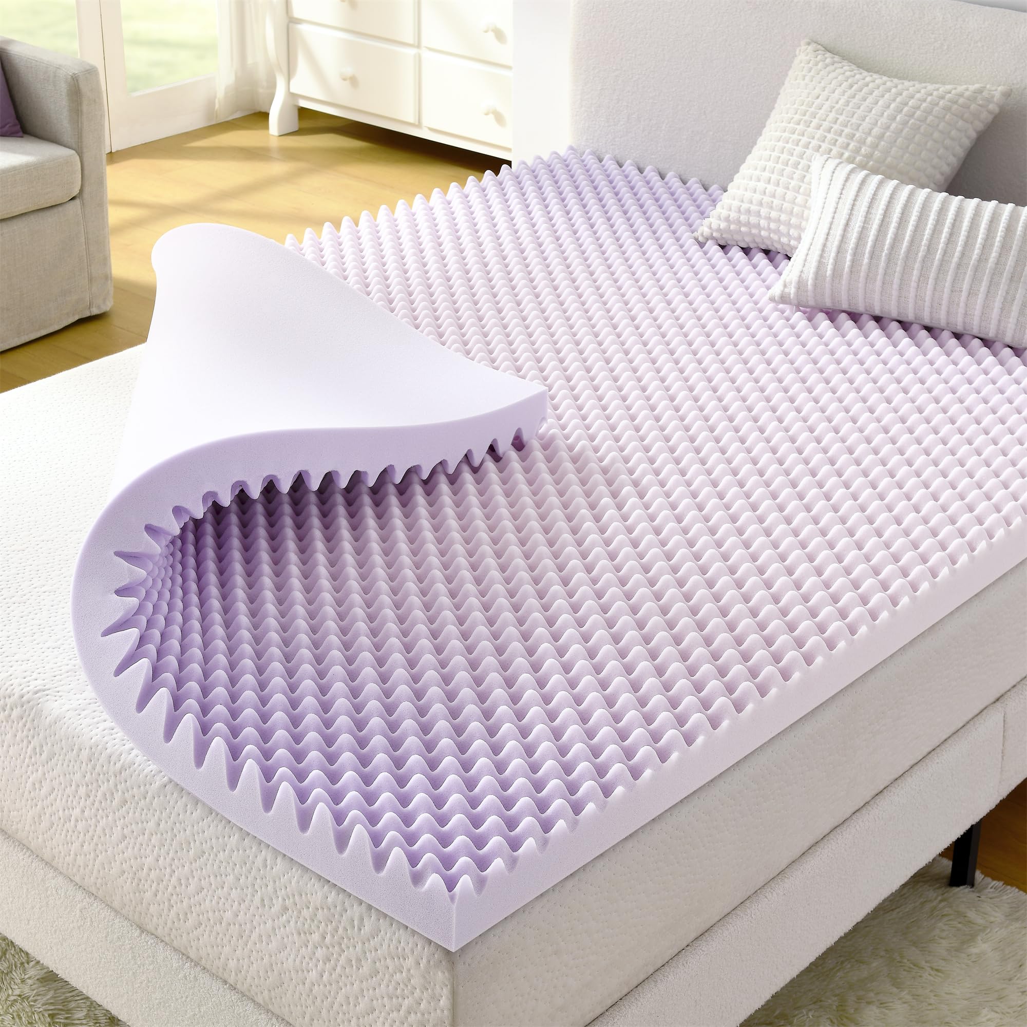 NAP&SLEEP Lavender Infused Dual-Sided Mattress Topper - Available in Twin, Full, Queen, King Sizes, 2" or 3" Thickness, Made in USA, Convoluted & Flat Foam, Compressed & Roll Packed (King, 3" Inch)